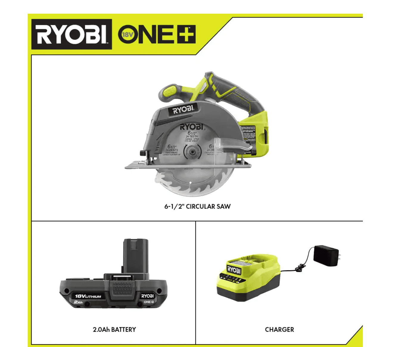 RYOBI P507-PSK005 ONE+ 18V Cordless 6-1/2 in. Circular Saw with 2.0 Ah ...