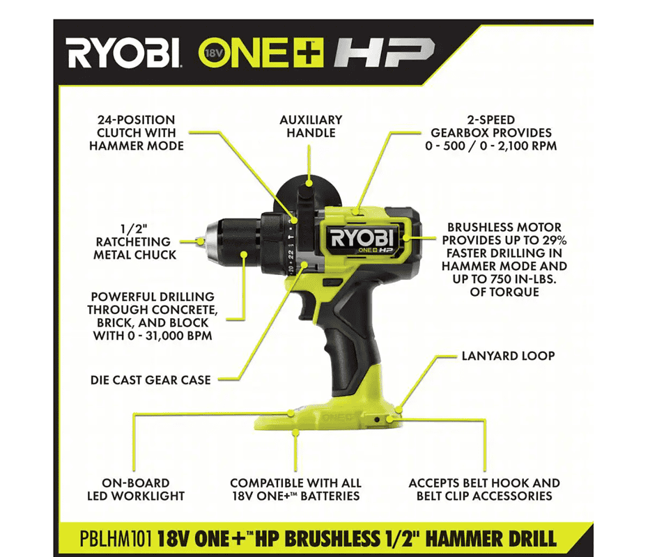 RYOBI PBLHM101K ONE+ HP 18V Brushless Cordless 1/2 in. Hammer Drill Kit ...