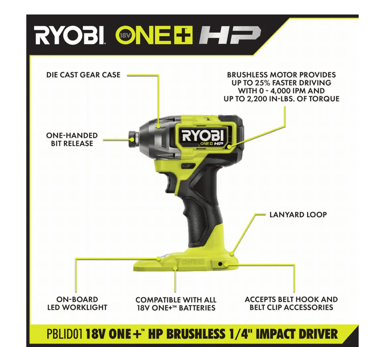RYOBI PBLID01B-PSK005 ONE+ HP 18V Brushless Cordless 1/4 in. Impact ...