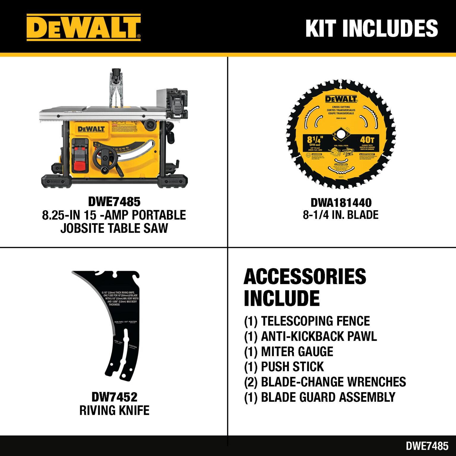 DEWALT Table Saw DWE7485 15 Amp Corded 8-1/4 in. Compact Portable ...