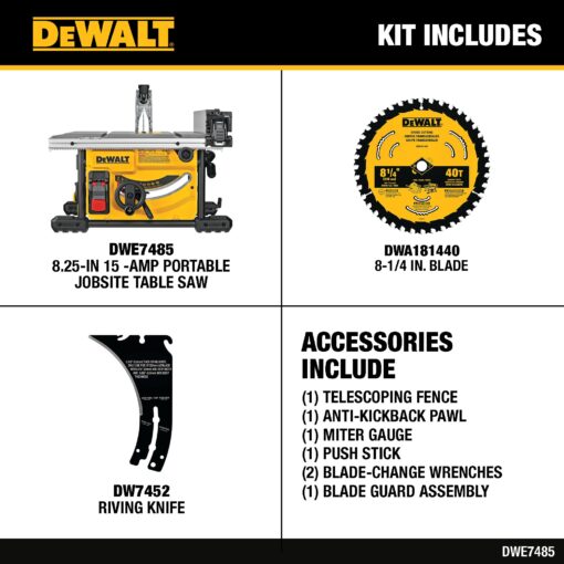 DEWALT Table Saw DWE7485 15 Amp Corded 8-1/4 in. Compact Portable ...