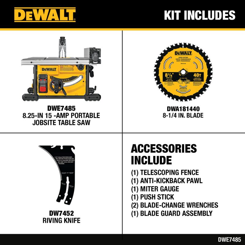 DEWALT Table Saw DWE7485 15 Amp Corded 8-1/4 in. Compact Portable ...