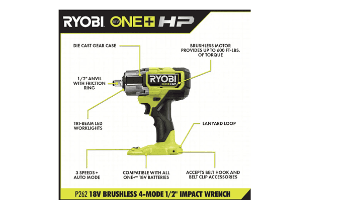 RYOBI P262K1 ONE+ HP 18V Brushless Cordless 4-Mode 1/2 in. Impact ...