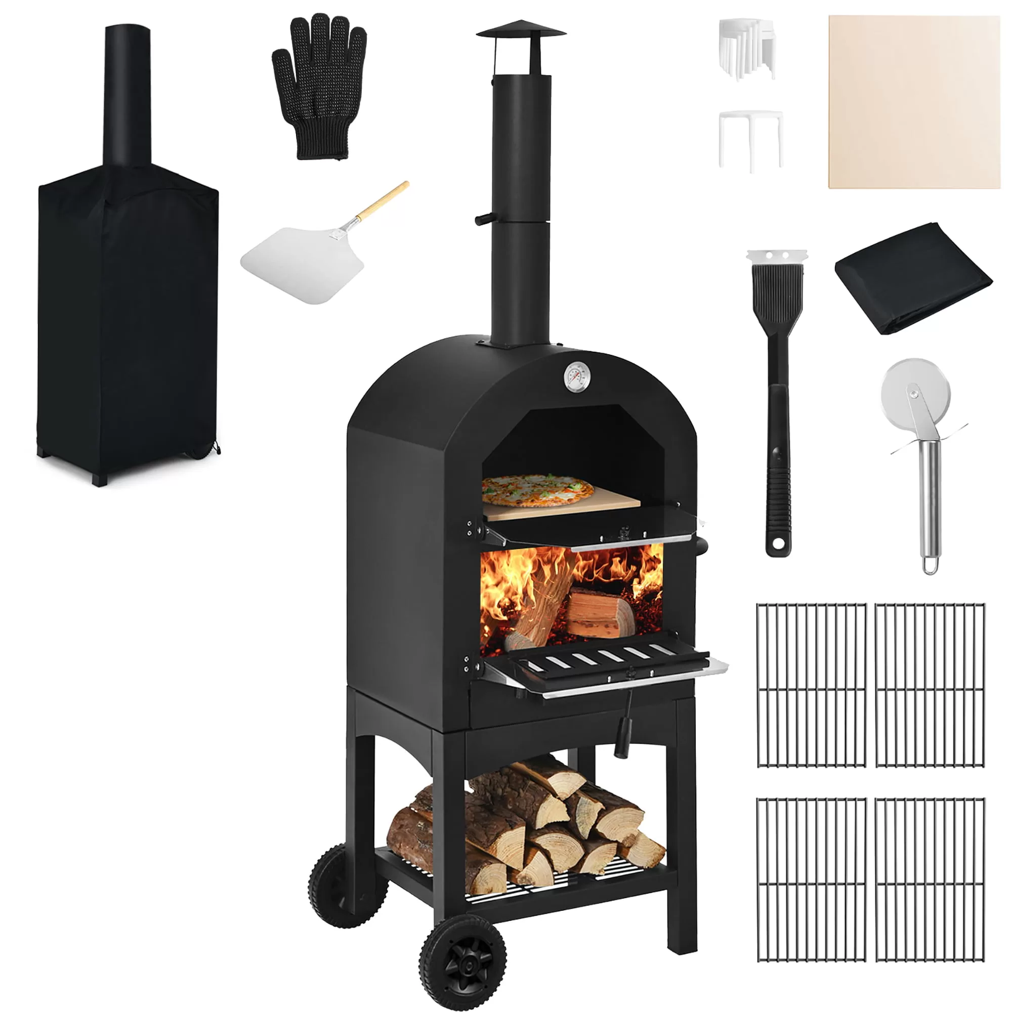 Costway Outdoor Pizza Oven Wood Fire Pizza Maker Grill w/ Pizza Stone ...