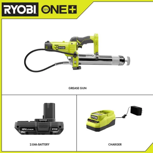 RYOBI ONE+ 18V Cordless Grease Gun with 2.0 Ah Battery and Charger ...