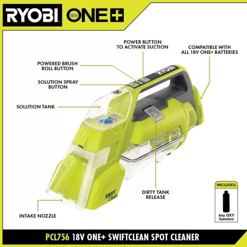 RYOBI PCL756K ONE+ 18V Cordless SWIFTClean Spot Cleaner Kit with 2.0 Ah ...