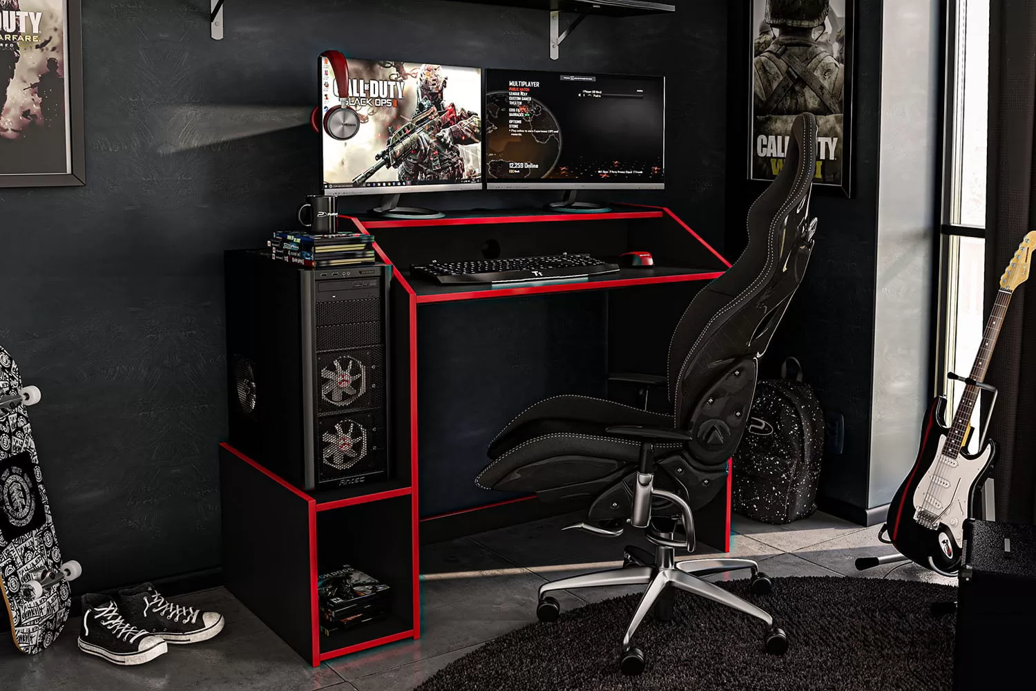 Polifurniture Legend Modern 45" Wood Gaming Desk with Monitor Stand ...