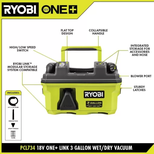 RYOBI PCL734B ONE+ 18V LINK Cordless 3 Gal. Wet/Dry Vacuum (Tool Only ...
