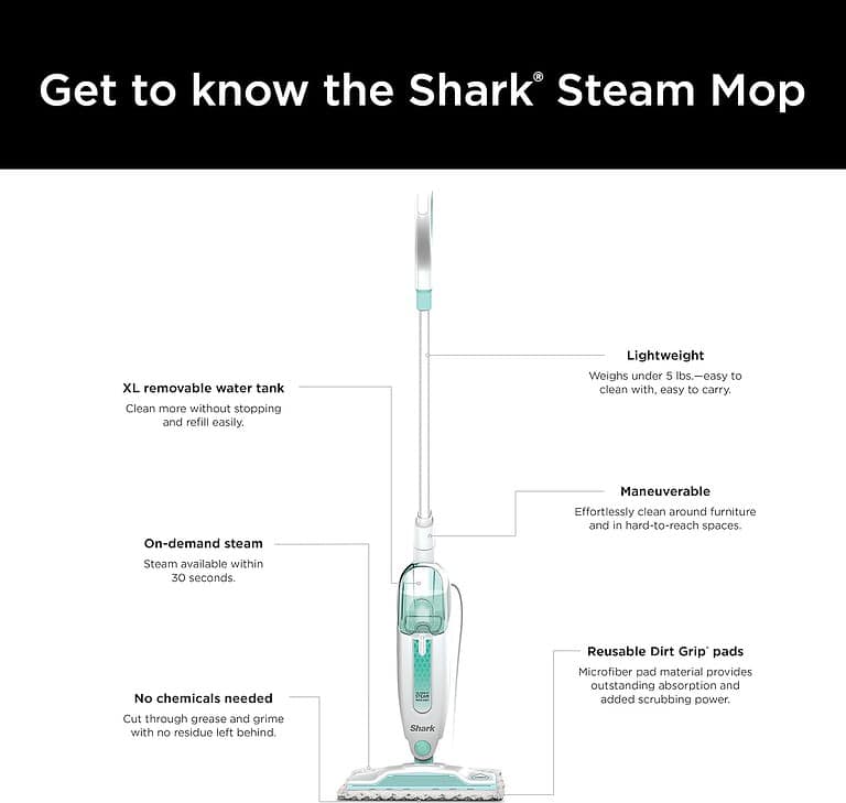Shark S1000 Steam Mop with 2 Dirt Grip Pads, Lightweight, White/Seafoam ...