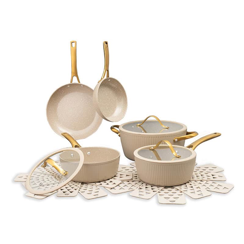 Thyme & Table Signature Ribbed 12-Piece Cookware Set Non-Stick - Taupe ...
