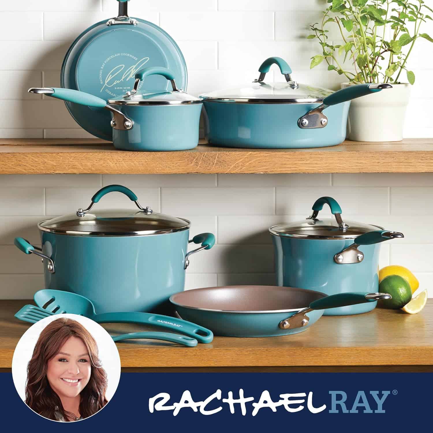 Rachael Ray Cucina Nonstick Cookware Pots and Pans Set, 12 Piece, Agave ...