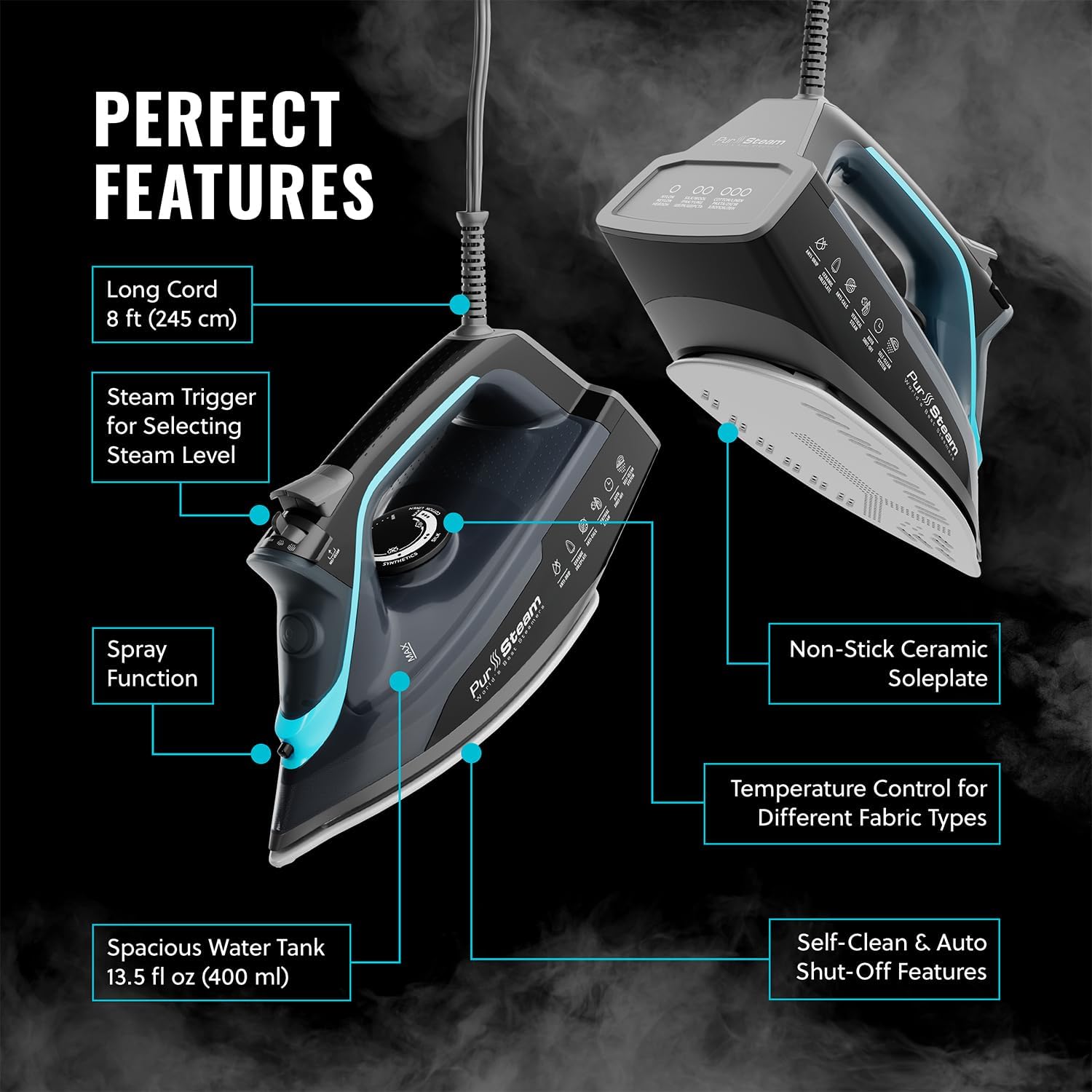 PurSteam SteamBurst+ 1750W Steam Iron, Ceramic Soleplate, Adjustable ...