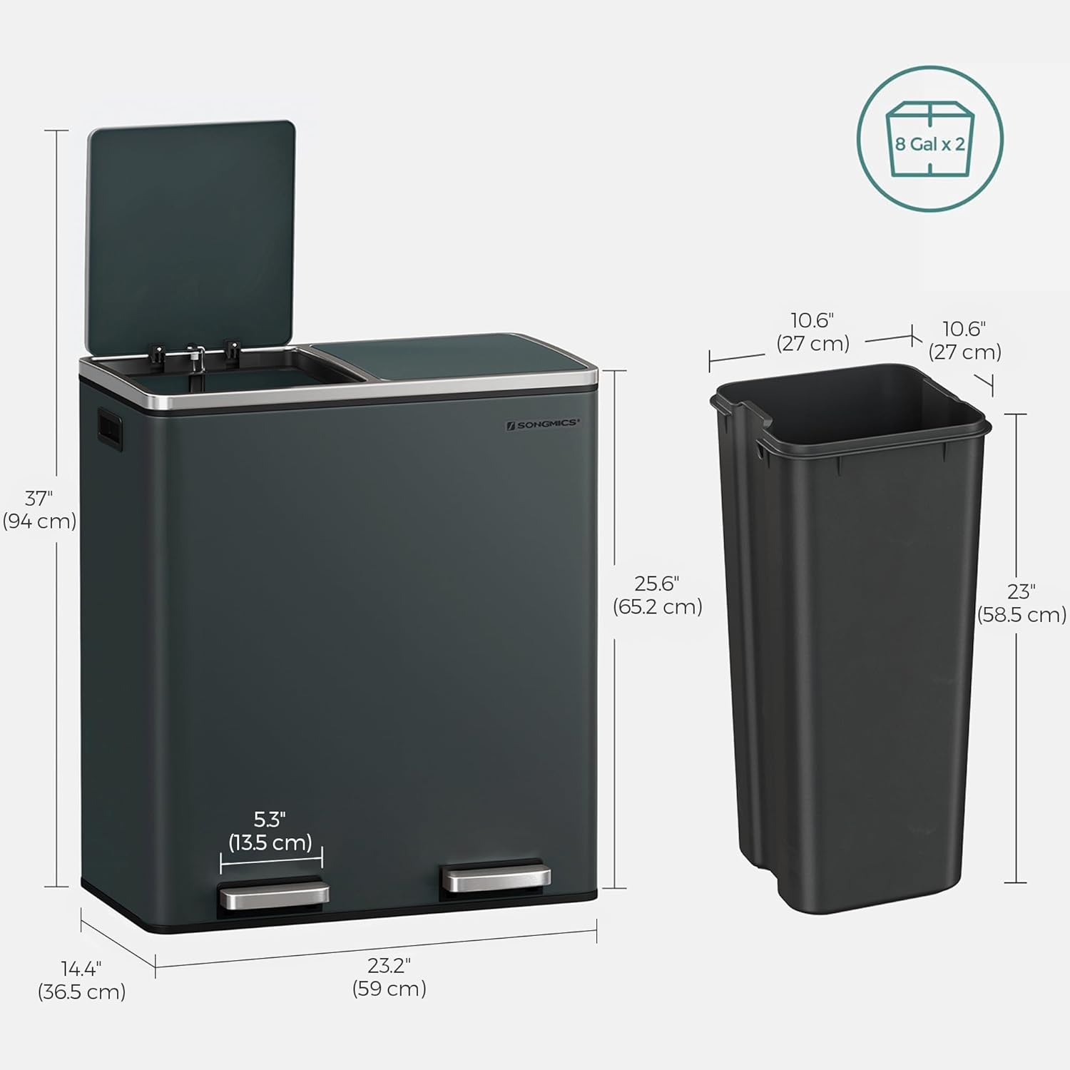 SONGMICS Trash Can, 2 x 8 Gallon (2 x 30 L) Garbage Can for Kitchen ...