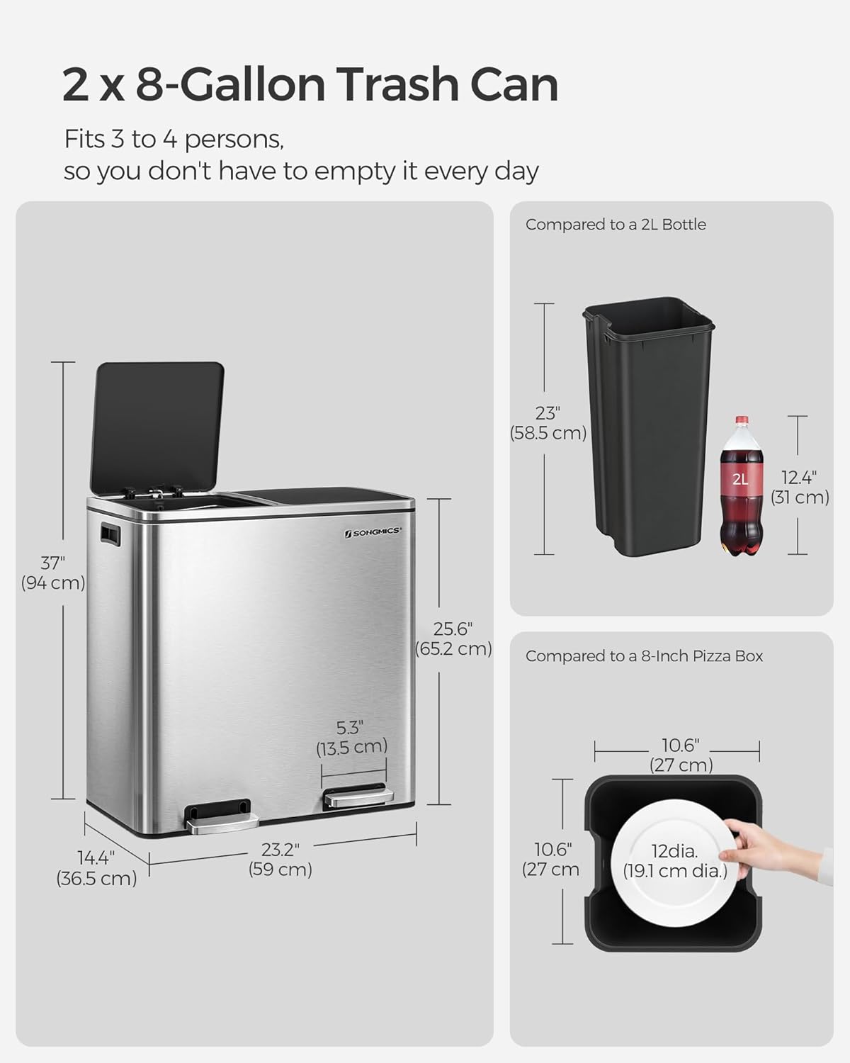 SONGMICS Trash Can, 2 x 8 Gallon (2 x 30 L) Garbage Can for Kitchen ...