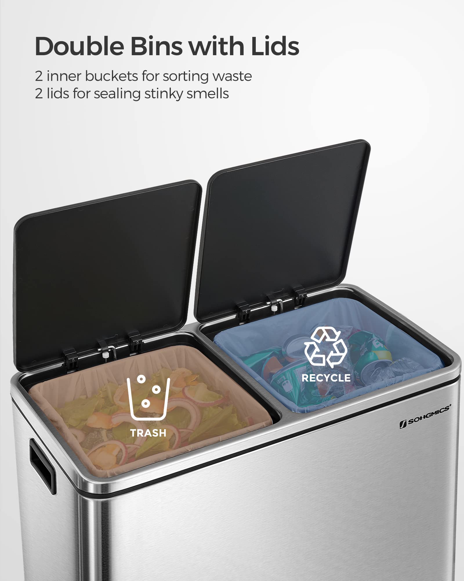 SONGMICS Trash Can, 2 x 8 Gallon (2 x 30 L) Garbage Can for Kitchen ...