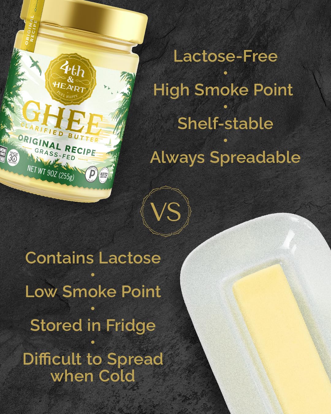 4th & Heart Original Grass-Fed Ghee, Clarified Butter, Keto, Pasture ...