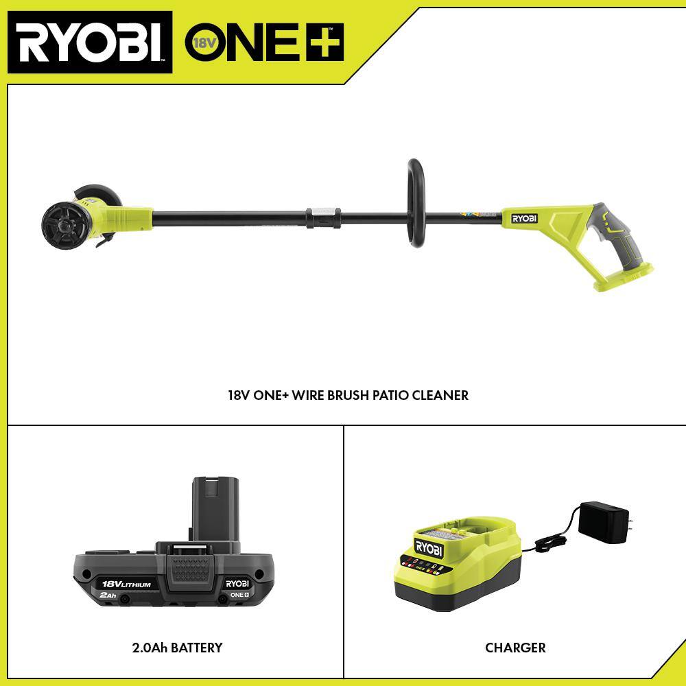 RYOBI ONE+ 18V Patio Cleaner with Wire Brush Edger with 2.0 Ah Battery ...