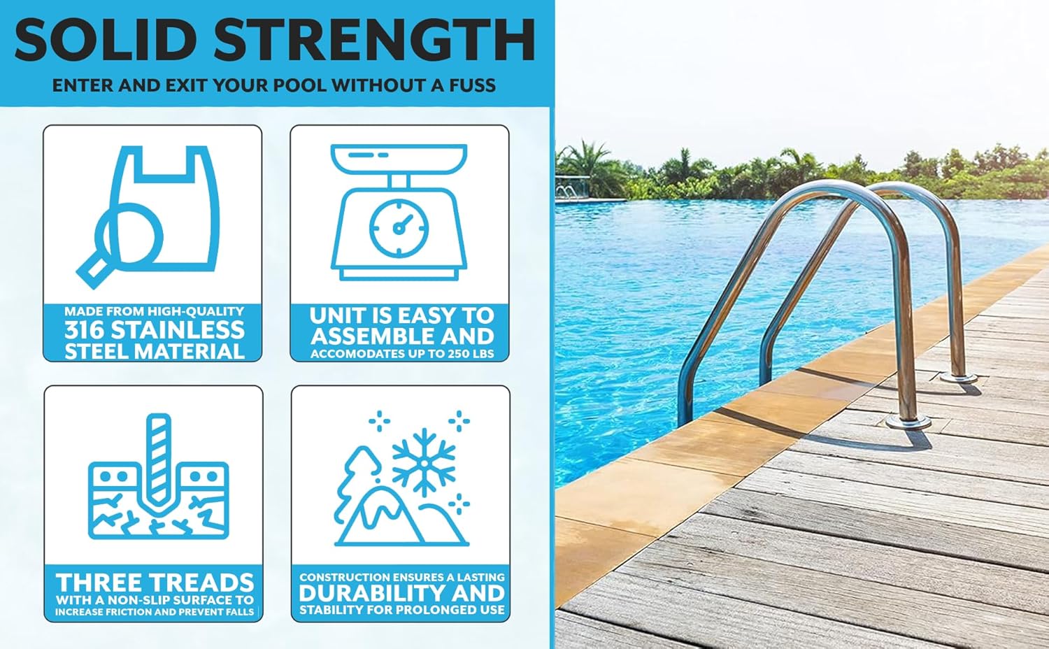 Poolzilla Three Tread Stainless Steel Pool Ladder Entry and Exit System ...