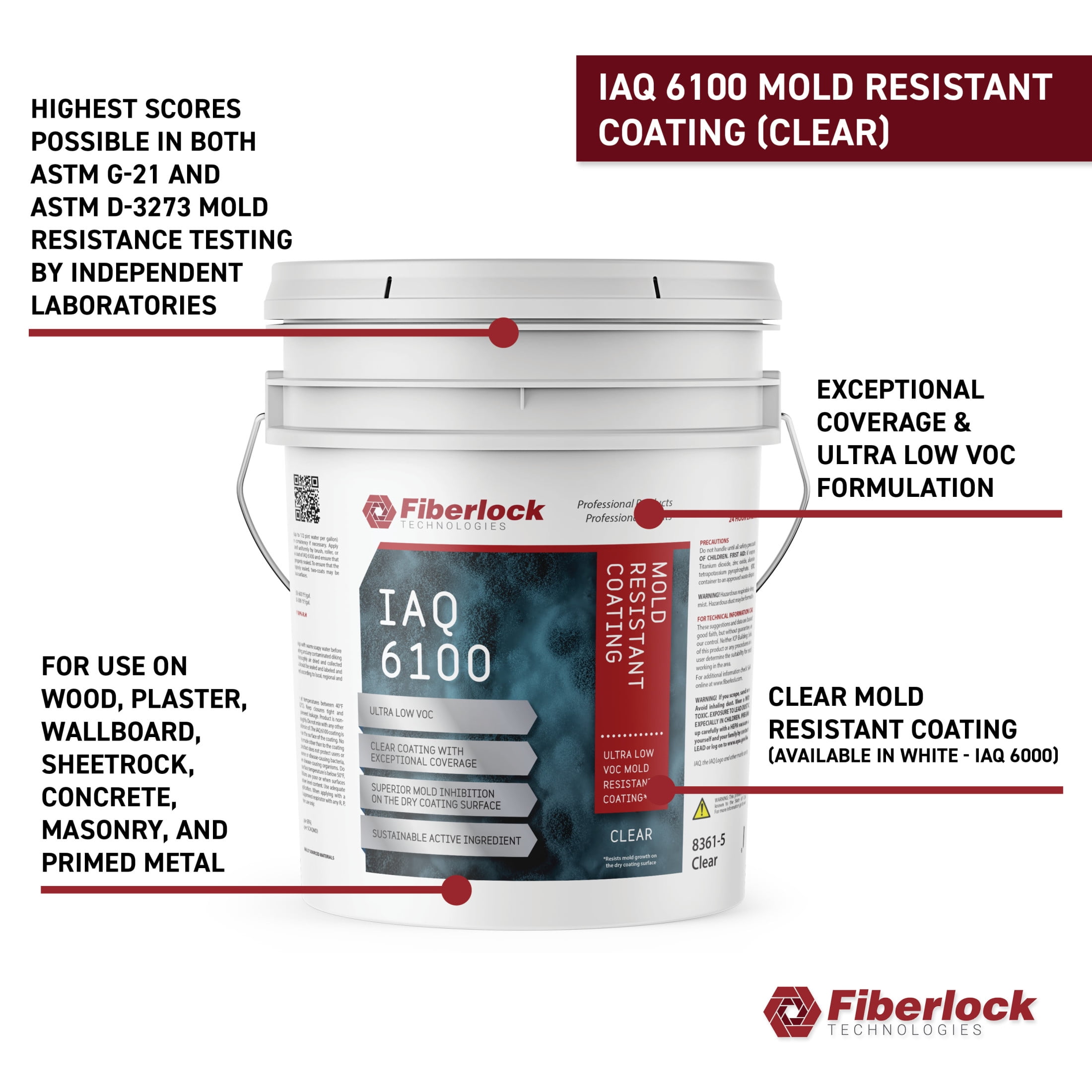 Fiberlock IAQ 6000HD Heavy Duty Mold Resistant Coating, White, 5 Gallon ...