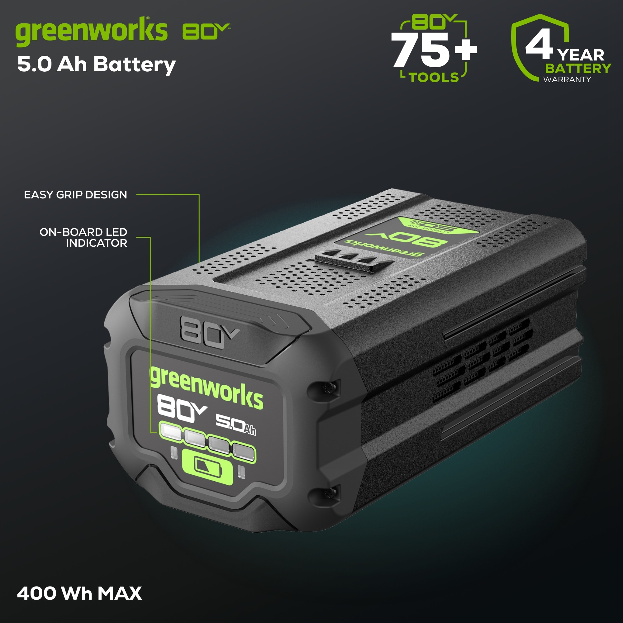 Greenworks 80 -Volt, 5 Ah 1 -Pack Lithium Ion (Li-ion) Battery ...